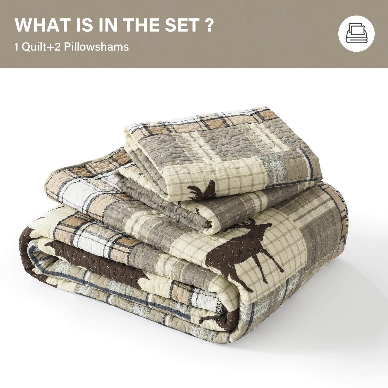 SahSahCasa Quilt Queen Size, 100% Cotton Quilt, Rustic Lodge Farmhouse Queen Quilt Bedding Set Bedspread, Reversible Lightweight Cabin Patchwork Plaid Comforter for Queen Bed, Brown/Cream, 3-Piece