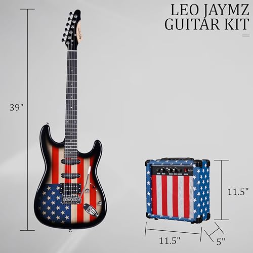 Leo Jaymz 39 Inch Full Size Electric Guitar Kit Electric Guitar Beginner Kits - 20W Amplifier，Digital Tuner，Carring Bag，Shoulder Strap,Connecting Cable (US Flag 20W)