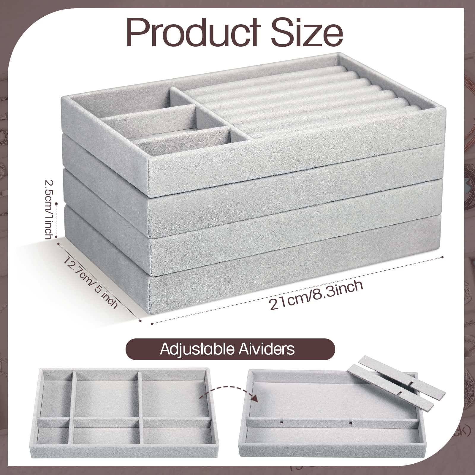 Kenning 16 Pcs Stackable Jewelry Trays Organizer Set for Drawer 8.3x5x1 Small Velvet Jewelry Drawer Insert Storage Holder Closet Dresser Box Divider Ring Earring Display Wedding Gift for Women Girl