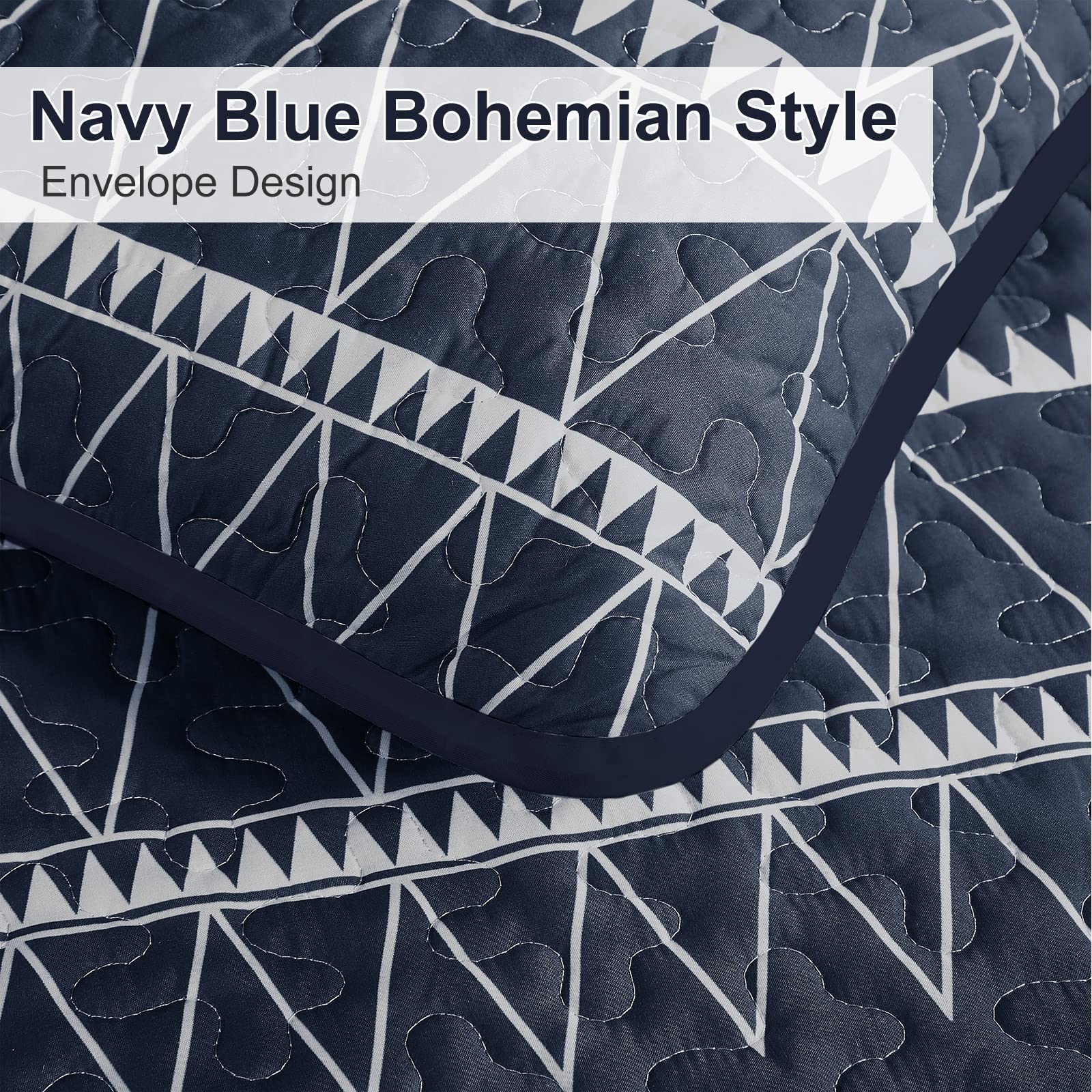 WONGS BEDDING Navy Blue Quilt King Size, Boho Striped Triangle Bedding Bedspread Coverlet Set, Microfiber Lightweight Bohemian Quilt Set for All Season 3 Pieces 90x104 in