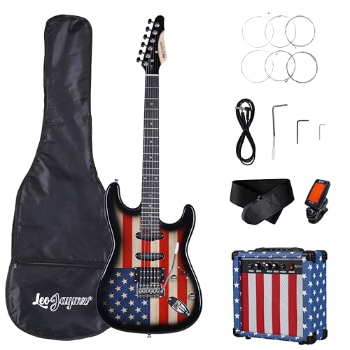 Leo Jaymz 39 Inch Full Size Electric Guitar Kit Electric Guitar Beginner Kits - 20W Amplifier,Digital Tuner,Carring Bag,Shoulder Strap,Connecting Cable (US Flag 20W)
