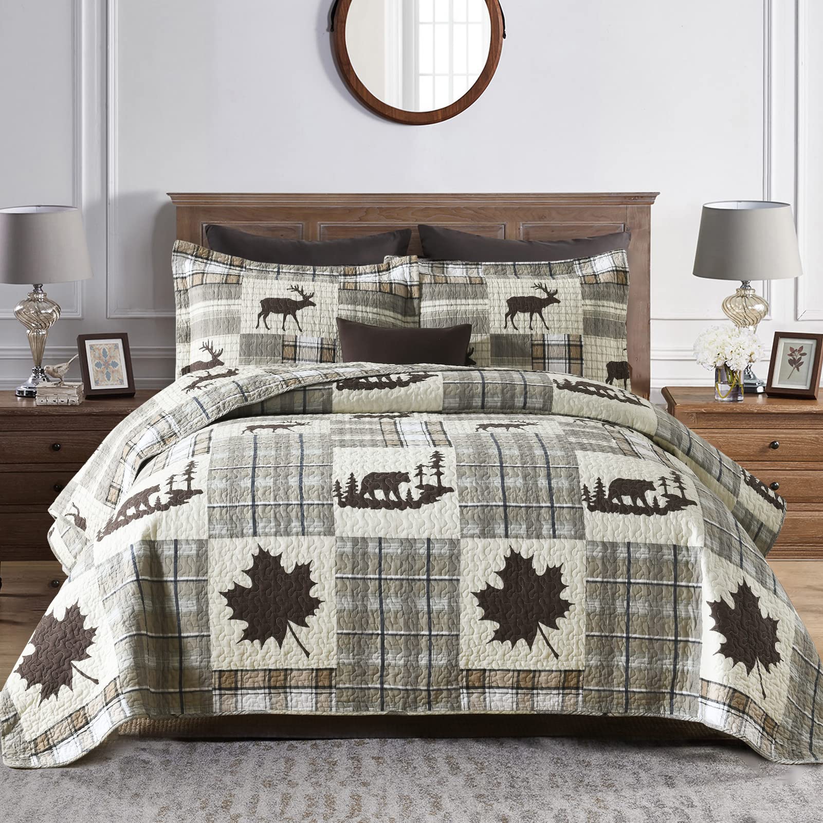 SahSahCasa Quilt Queen Size, 100% Cotton Quilt, Rustic Lodge Farmhouse Queen Quilt Bedding Set Bedspread, Reversible Lightweight Cabin Patchwork Plaid Comforter for Queen Bed, Brown/Cream, 3-Piece