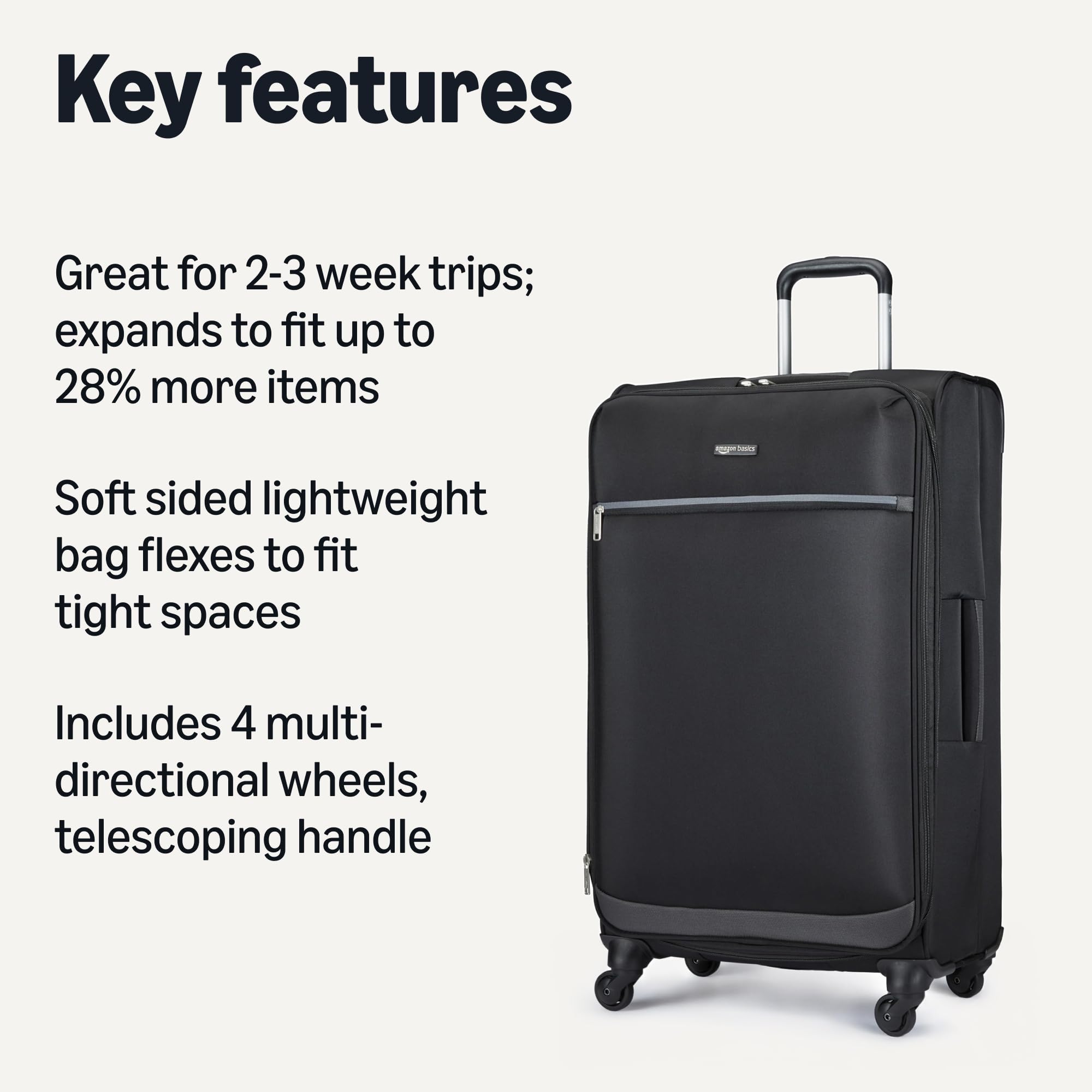 Amazon Basics Luggage, 30" Large Checked Softside Suitcase With Wheels, With Four 360-Degree Multi-directional Spinner Wheels, Expandable Space, Zippered Pocket and Straps, Telescopic Handle, Black