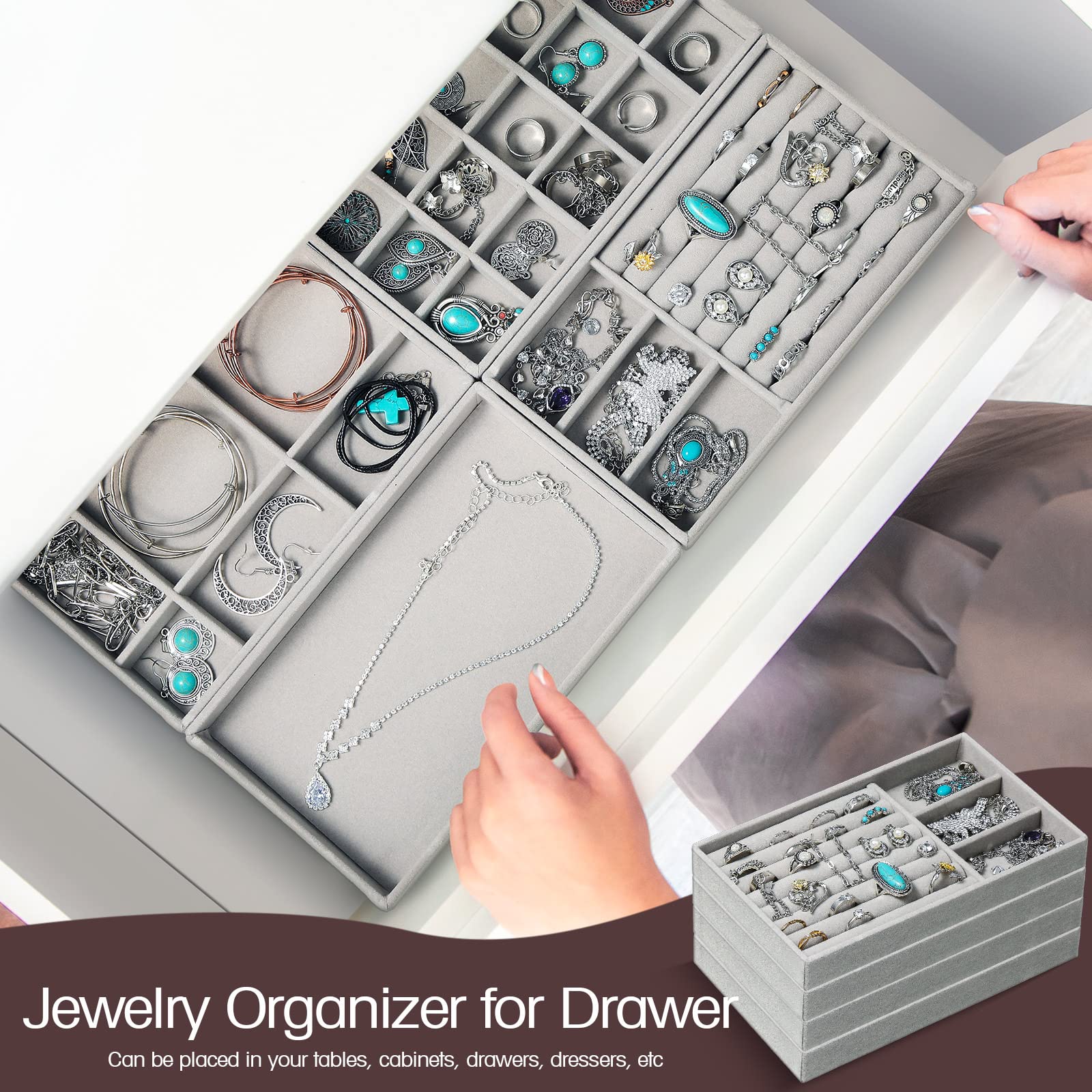 Kenning 16 Pcs Stackable Jewelry Trays Organizer Set for Drawer 8.3x5x1 Small Velvet Jewelry Drawer Insert Storage Holder Closet Dresser Box Divider Ring Earring Display Wedding Gift for Women Girl