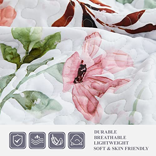 WRENSONGE Quilts Queen Size, 3 Pieces Pink Flower Reversible Quilt Bedding Sets, Soft Lightweight Microfiber Floral Pattern Printed Bedspread Coverlet for Bed, Couch, Blanket All Season 90"*94"