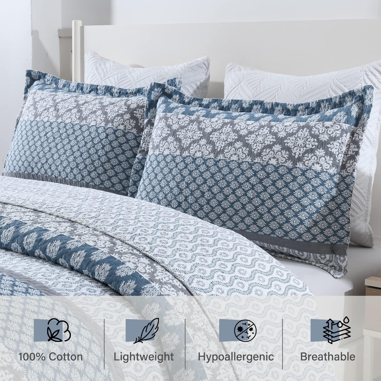 PERHOM Blue Quilt Queen Size - Queen Quilt Set, 100% Long-Staple Cotton Floral Quilt Bedding Set Bedspreads, Patchwork Reversible Lightweight Comforter Bed Spread for All Season, Blue/Gray, 3 Pieces