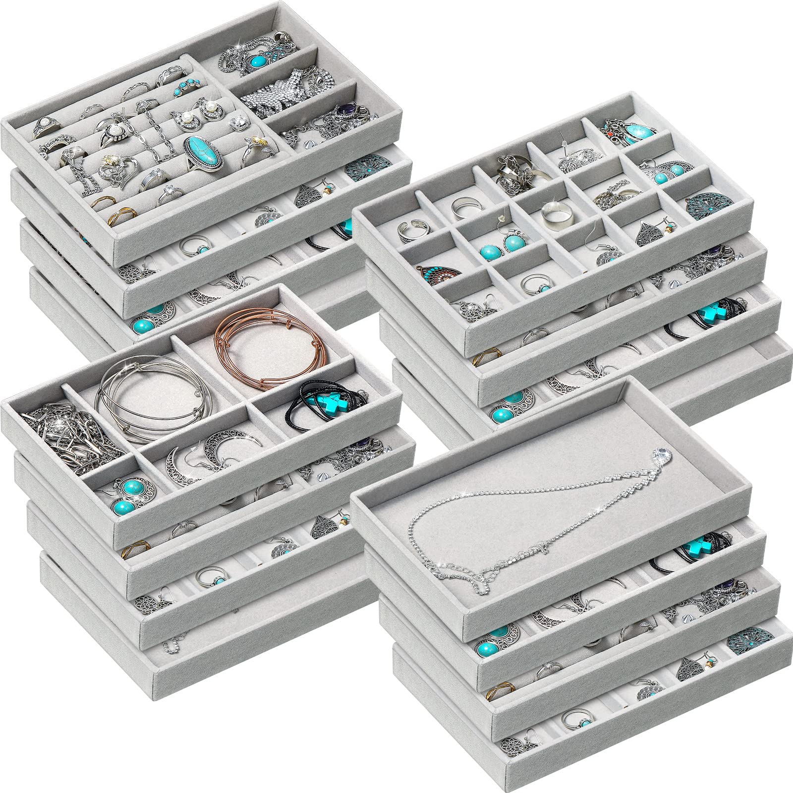 Kenning 16 Pcs Stackable Jewelry Trays Organizer Set for Drawer 8.3x5x1 Small Velvet Jewelry Drawer Insert Storage Holder Closet Dresser Box Divider Ring Earring Display Wedding Gift for Women Girl
