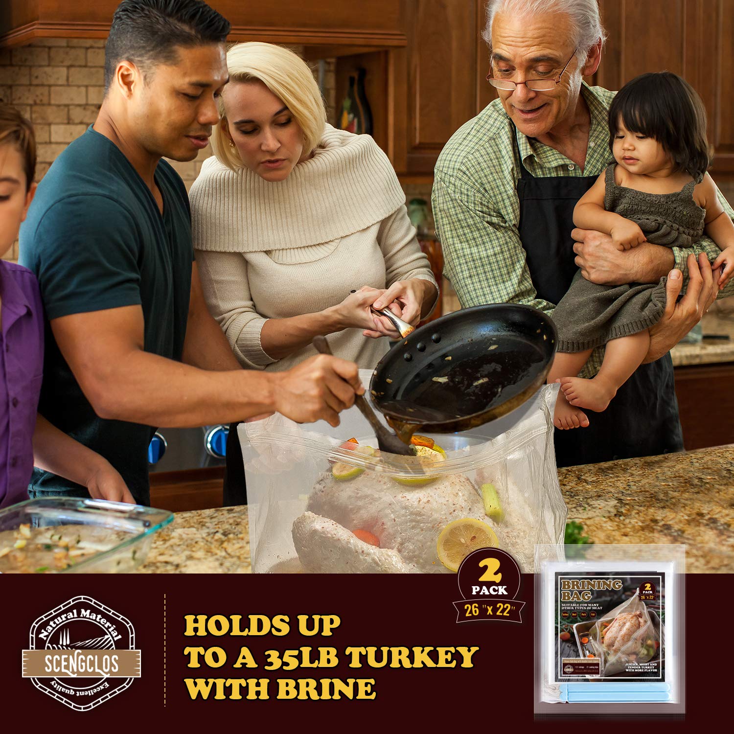 Brining Bag, 26"×22", 2 Pack, Extra Large Turkey Brine Bag with 2 Strings and 2 Larger Clips, Thickened materials, Double Track Zippers Brine Bags, Brining Bags for Turkey, Ham, Beef, Marinade