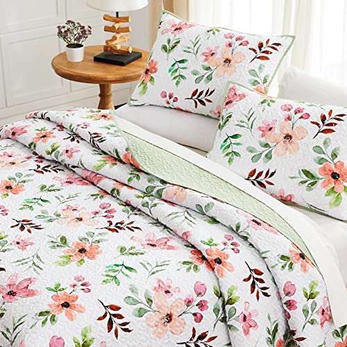 WRENSONGE Quilts Queen Size, 3 Pieces Pink Flower Reversible Quilt Bedding Sets, Soft Lightweight Microfiber Floral Pattern Printed Bedspread Coverlet for Bed, Couch, Blanket All Season 90"*94"