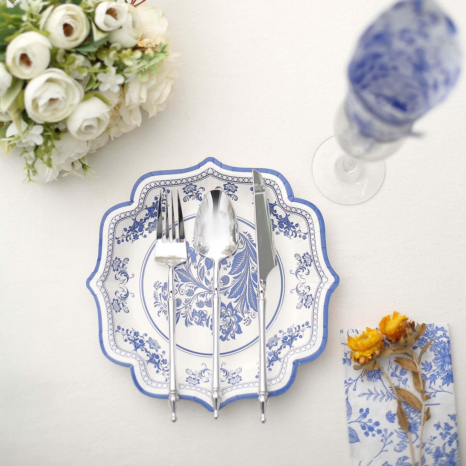 Tableclothsfactory 25 Pack | 8" White/Blue Chinoiserie Floral Print Paper Dessert Plates with Scalloped Rims, Disposable Salad Appetizer Plates - 300 GSM