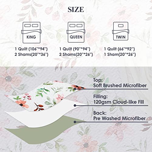 WRENSONGE Quilts Queen Size, 3 Pieces Pink Flower Reversible Quilt Bedding Sets, Soft Lightweight Microfiber Floral Pattern Printed Bedspread Coverlet for Bed, Couch, Blanket All Season 90"*94"