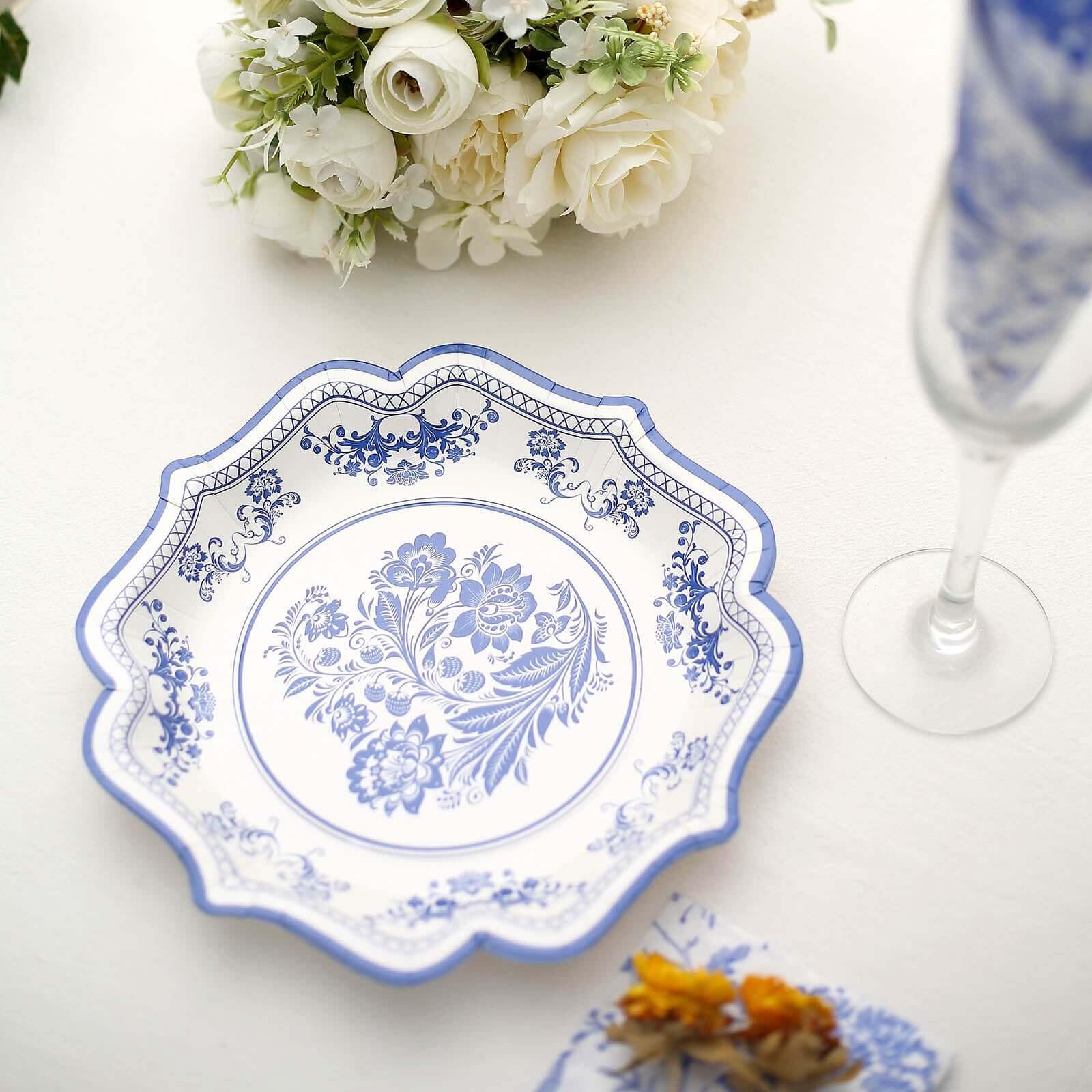 Tableclothsfactory 25 Pack | 8" White/Blue Chinoiserie Floral Print Paper Dessert Plates with Scalloped Rims, Disposable Salad Appetizer Plates - 300 GSM