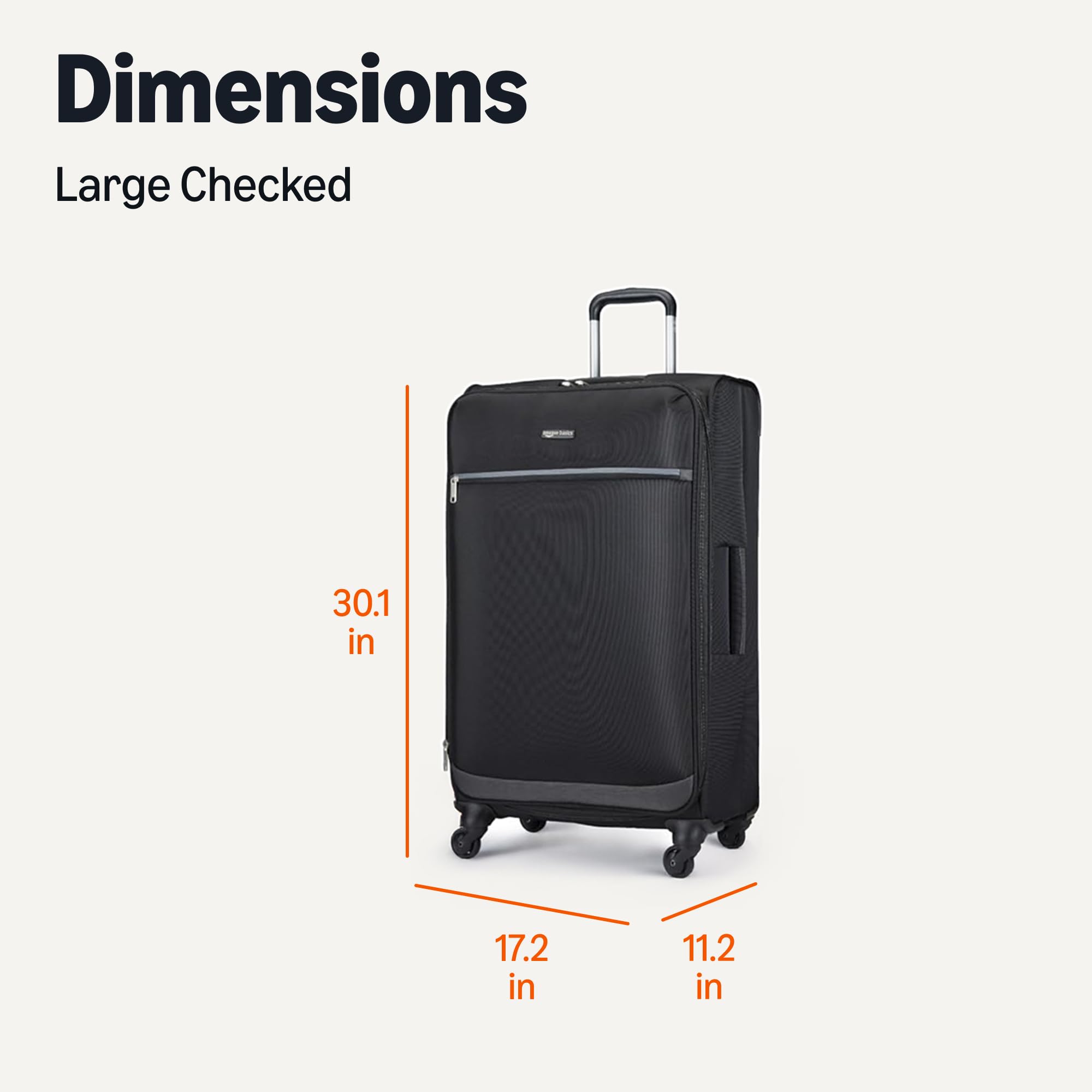 Amazon Basics Luggage, 30" Large Checked Softside Suitcase With Wheels, With Four 360-Degree Multi-directional Spinner Wheels, Expandable Space, Zippered Pocket and Straps, Telescopic Handle, Black