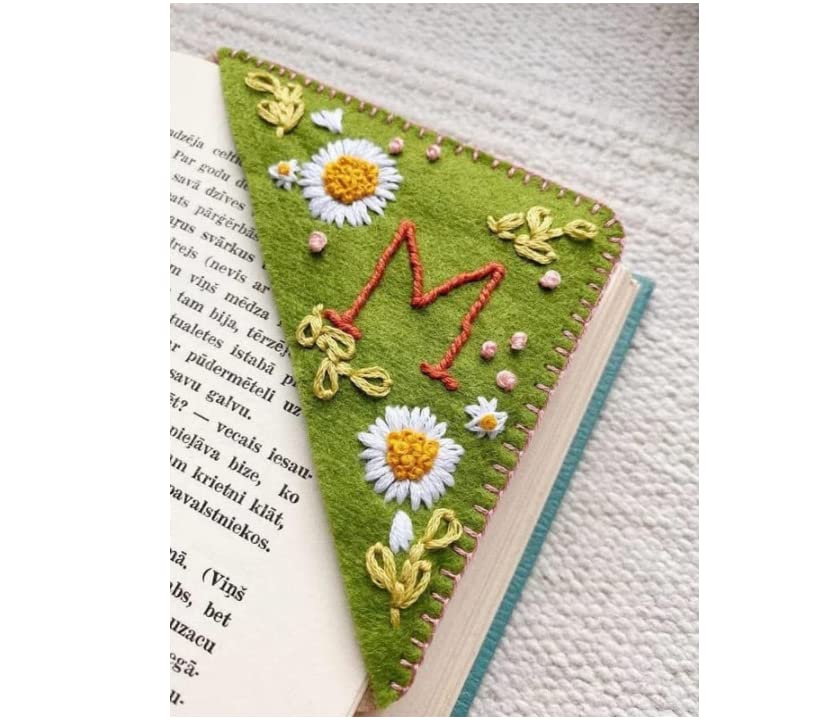 Personalized Hand Embroidered Corner Bookmark, Hand Stitched Felt Corner Letter Bookmark, Felt Triangle Bookmark, Cute Flower Letter Embroidery Bookmarks for Book Lovers(Summer-T)