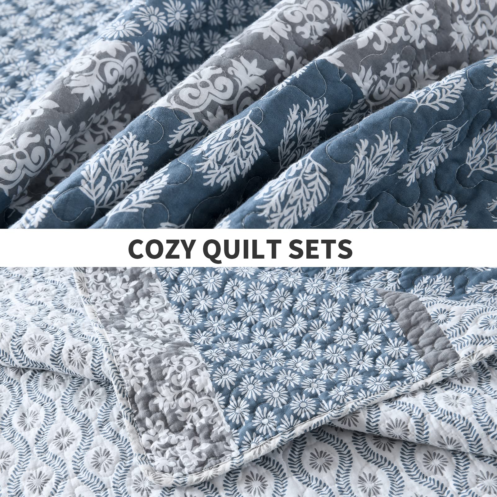 PERHOM Blue Quilt Queen Size - Queen Quilt Set, 100% Long-Staple Cotton Floral Quilt Bedding Set Bedspreads, Patchwork Reversible Lightweight Comforter Bed Spread for All Season, Blue/Gray, 3 Pieces