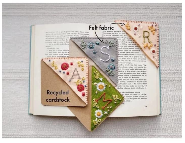 Personalized Hand Embroidered Corner Bookmark, Hand Stitched Felt Corner Letter Bookmark, Felt Triangle Bookmark, Cute Flower Letter Embroidery Bookmarks for Book Lovers(Summer-T)