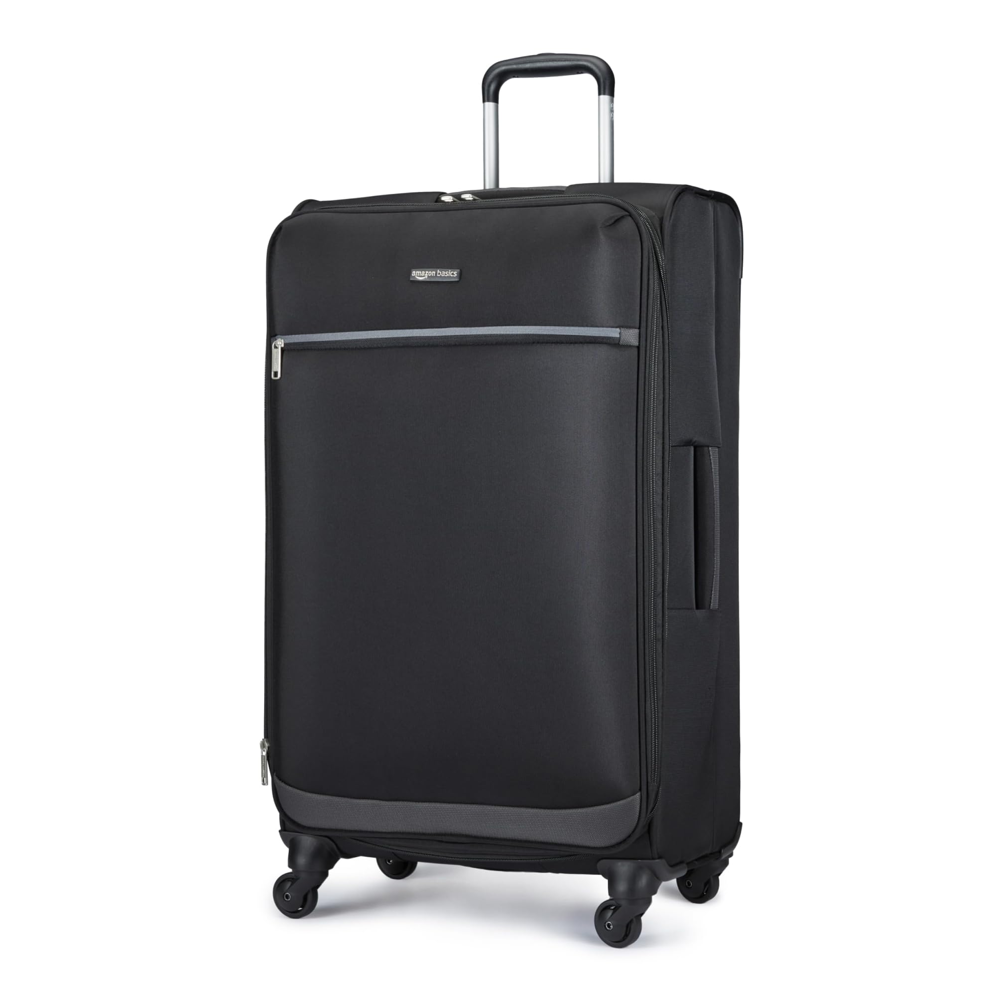 Amazon Basics Luggage, 30" Large Checked Softside Suitcase With Wheels, With Four 360-Degree Multi-directional Spinner Wheels, Expandable Space, Zippered Pocket and Straps, Telescopic Handle, Black