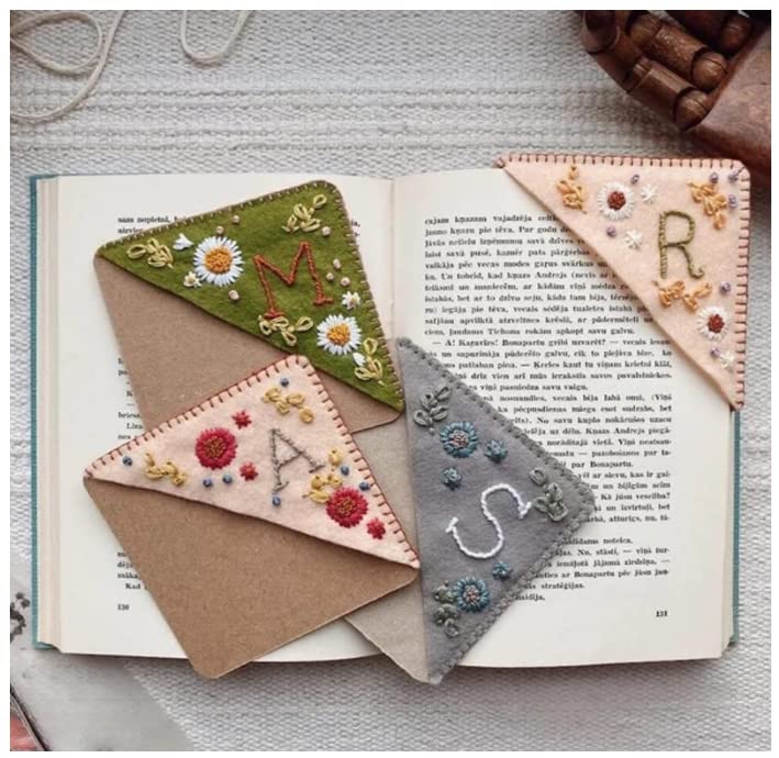 Personalized Hand Embroidered Corner Bookmark, Hand Stitched Felt Corner Letter Bookmark, Felt Triangle Bookmark, Cute Flower Letter Embroidery Bookmarks for Book Lovers(Summer-T)