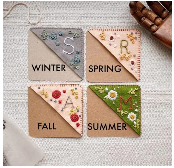 Personalized Hand Embroidered Corner Bookmark, Hand Stitched Felt Corner Letter Bookmark, Felt Triangle Bookmark, Cute Flower Letter Embroidery Bookmarks for Book Lovers(Summer-T)