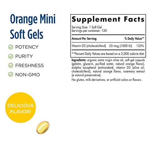 Nordic Naturals Vitamin D3 1000, Orange - 120 Mini Soft Gels - 1000 IU Vitamin D3 - Supports Healthy Bones, Mood & Immune System Function - Non-GMO - 120 Servings