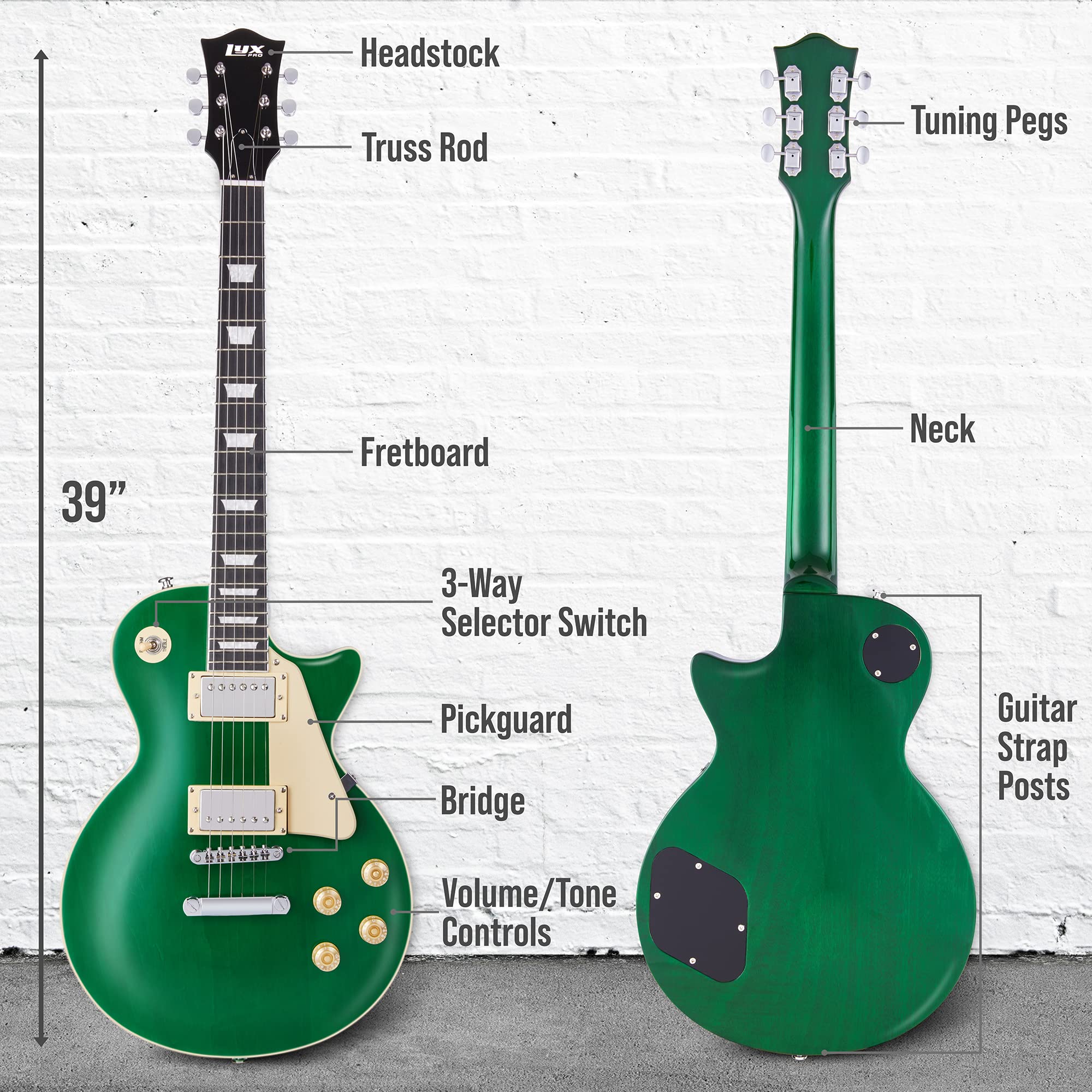 LyxPro 39” SB Series Electric Guitar, LP Style for Beginner, Intermediate & Pro Players Solid Body Guitar, Bonus 2-Pack of Picks, Mahogany Wood, Volume/Tone Controls, 3-Way Pickup - Green