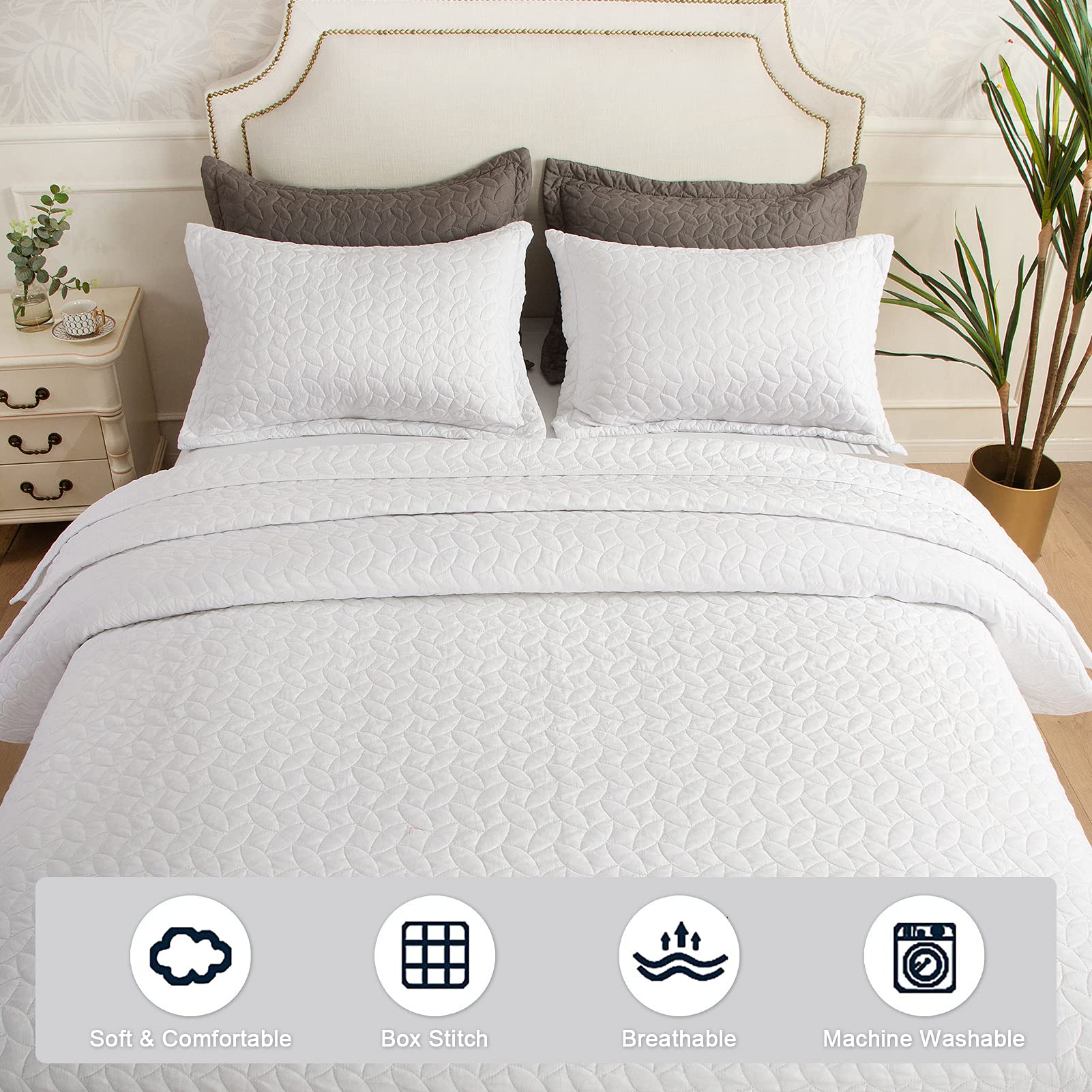Hygge Hush Summer Quilt Set, Twin Size Pure White Leaves Pattern 2 Pieces Quilt Set, Oversized Modern Style Bedspread Set for All Season (1 Quilt & 1 Pillow Shams)