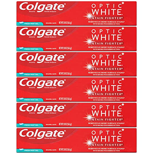 Colgate Optic White Toothpaste, Stain Fighter, Fresh Mint Gel, Travel Size 2.0 oz (56.6g) - Pack of 6