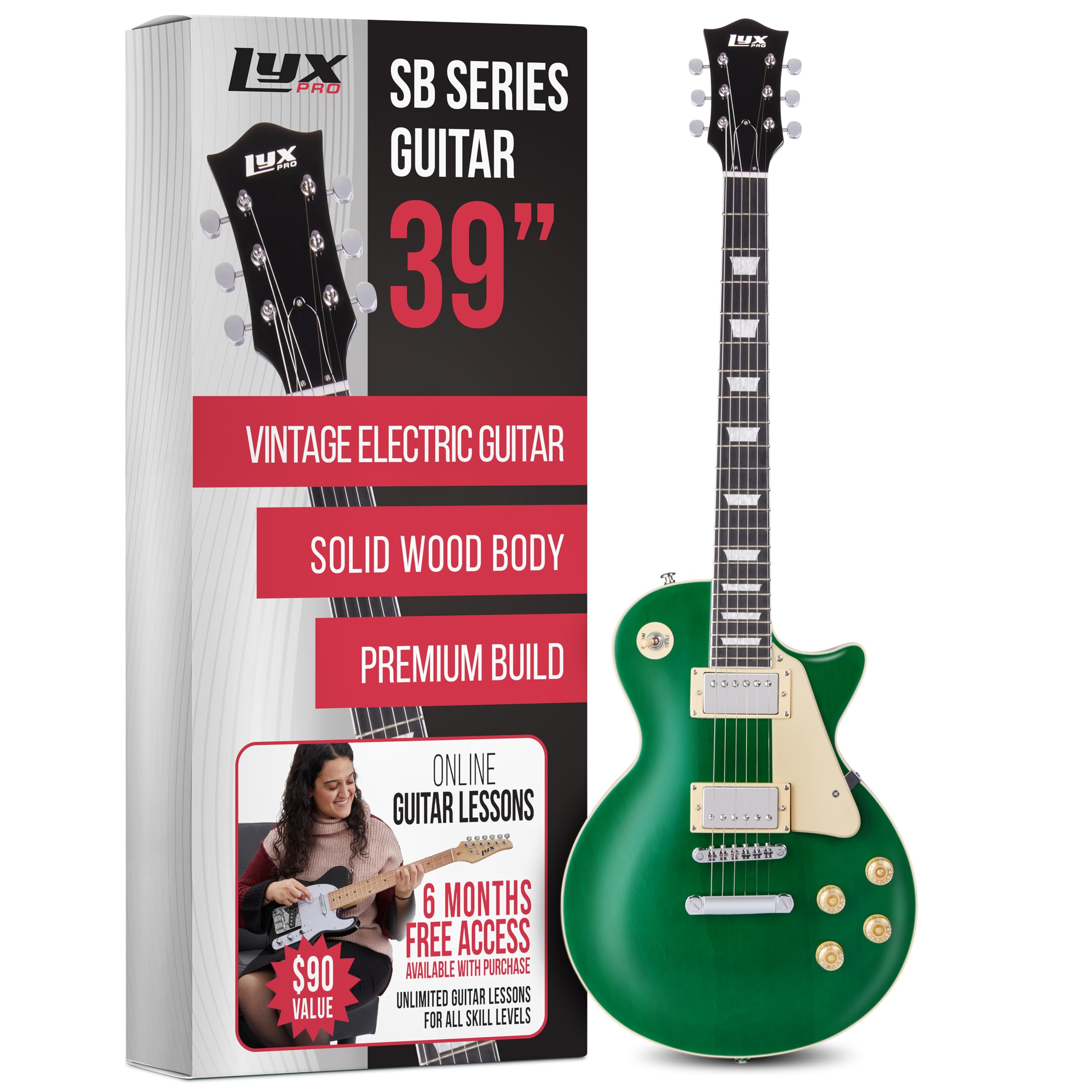 LyxPro 39” SB Series Electric Guitar, LP Style for Beginner, Intermediate & Pro Players Solid Body Guitar, Bonus 2-Pack of Picks, Mahogany Wood, Volume/Tone Controls, 3-Way Pickup - Green