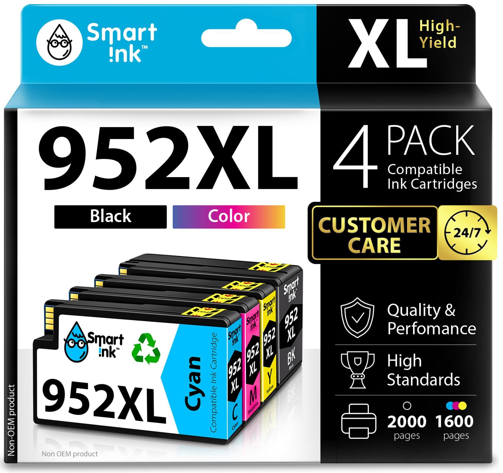 Smart Ink Compatible Ink Cartridge Replacement for HP 952XL 952 XL (4 Combo Pack) to use with OfficeJet Pro 8710 8720 7740 8210 8715 7720 8702 8725 8740 8730 8700 8200 (Black, Cyan, Magenta, Yellow)