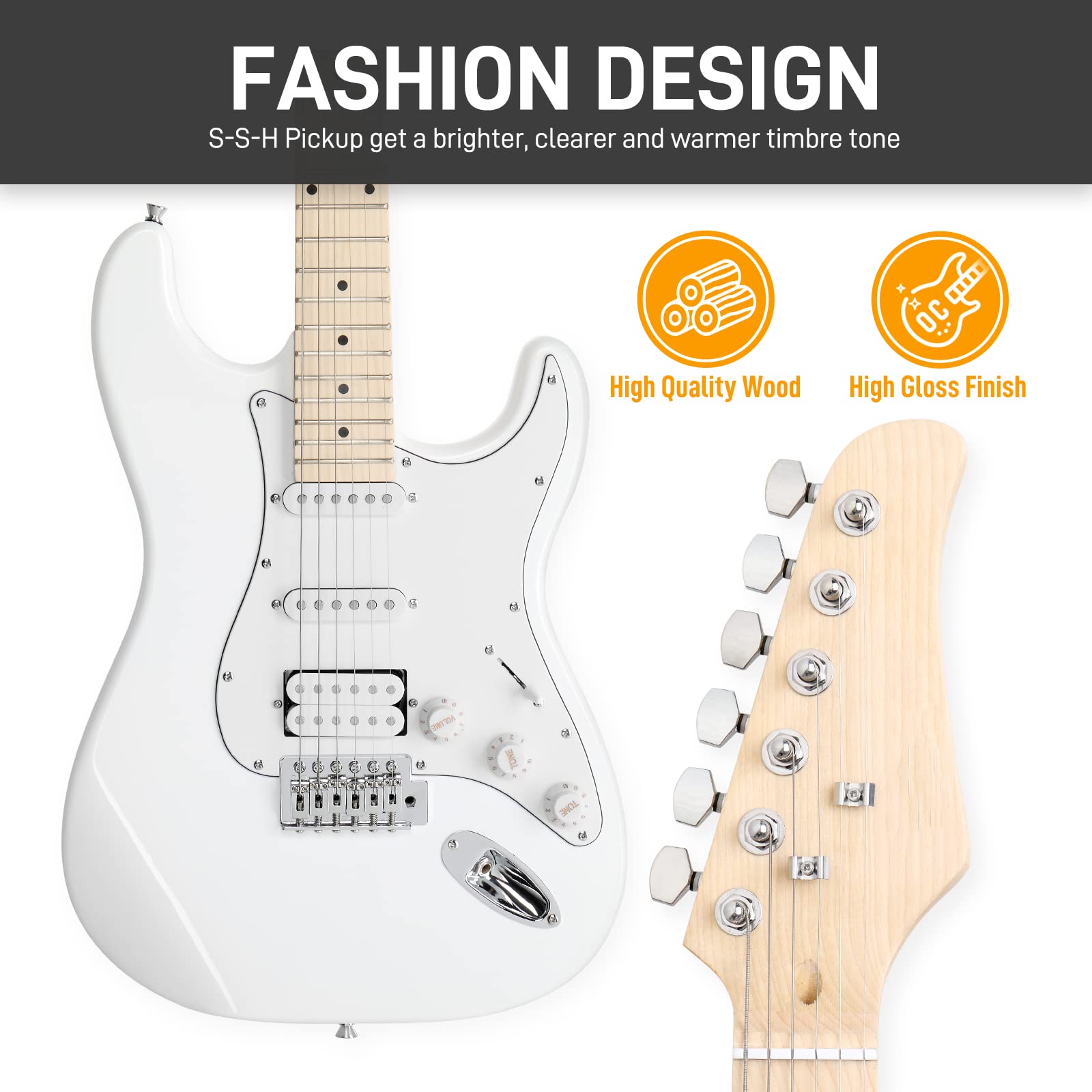 Ktaxon 39 Inch Electric Guitar Kit for Beginner, HSS Pickups 6 String Solid-Body Full Size Adults Electric Guitars W/Amplifier, Bag, Strap, Cable, Accessories - White