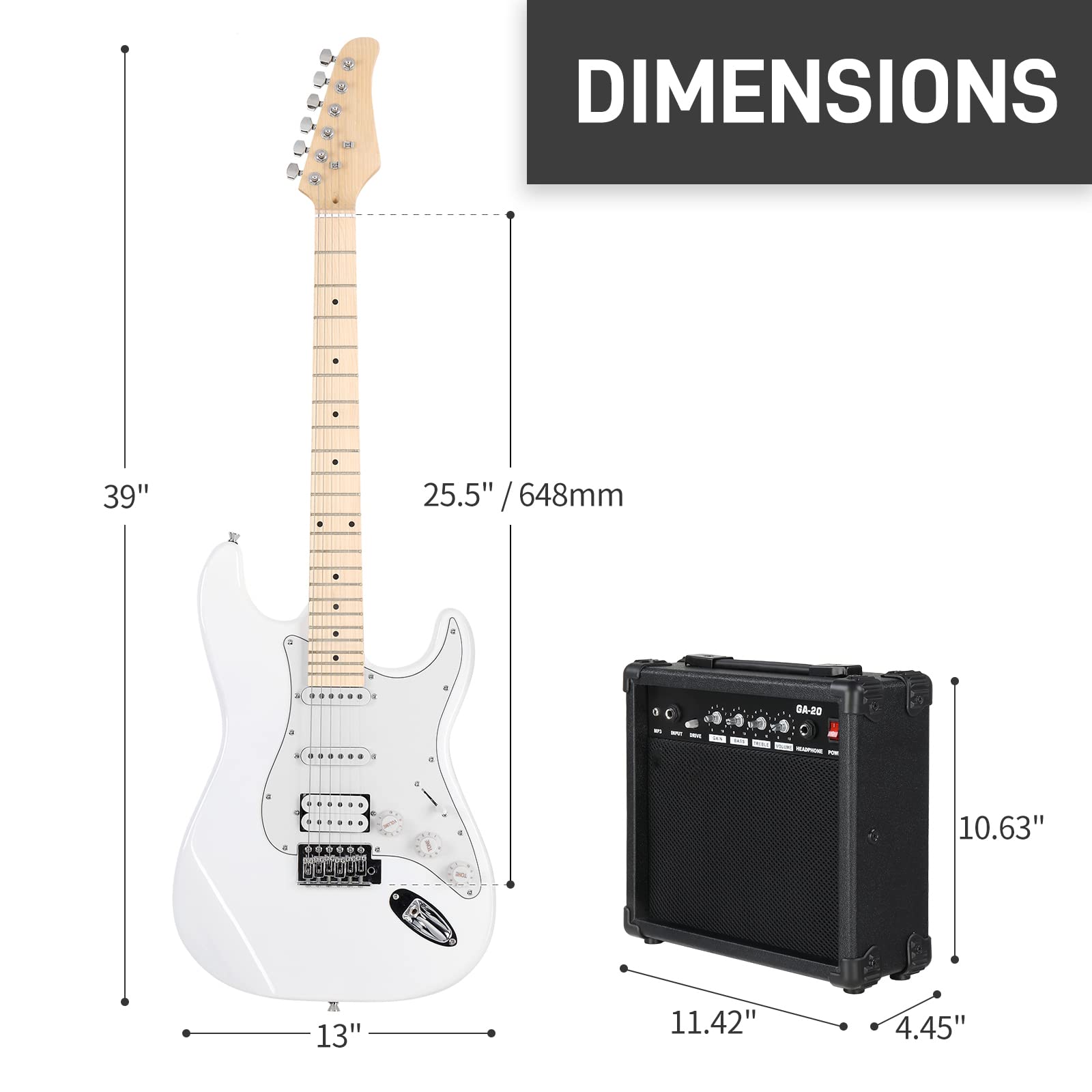 Ktaxon 39 Inch Electric Guitar Kit for Beginner, HSS Pickups 6 String Solid-Body Full Size Adults Electric Guitars W/Amplifier, Bag, Strap, Cable, Accessories - White