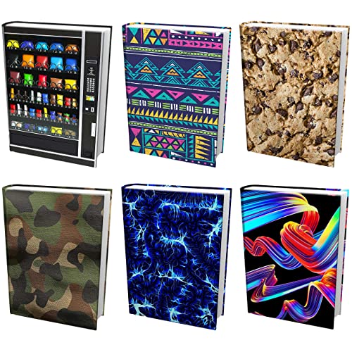 Easy Apply, Reusable Book Covers 6 Pk. Best Jumbo 9x11 Textbook Jacket for Back to School. Stretchable to Fit Most Medium Hardcover Books. Perfect Fun, Washable Designs for Girls, Boys, Kids and Teens