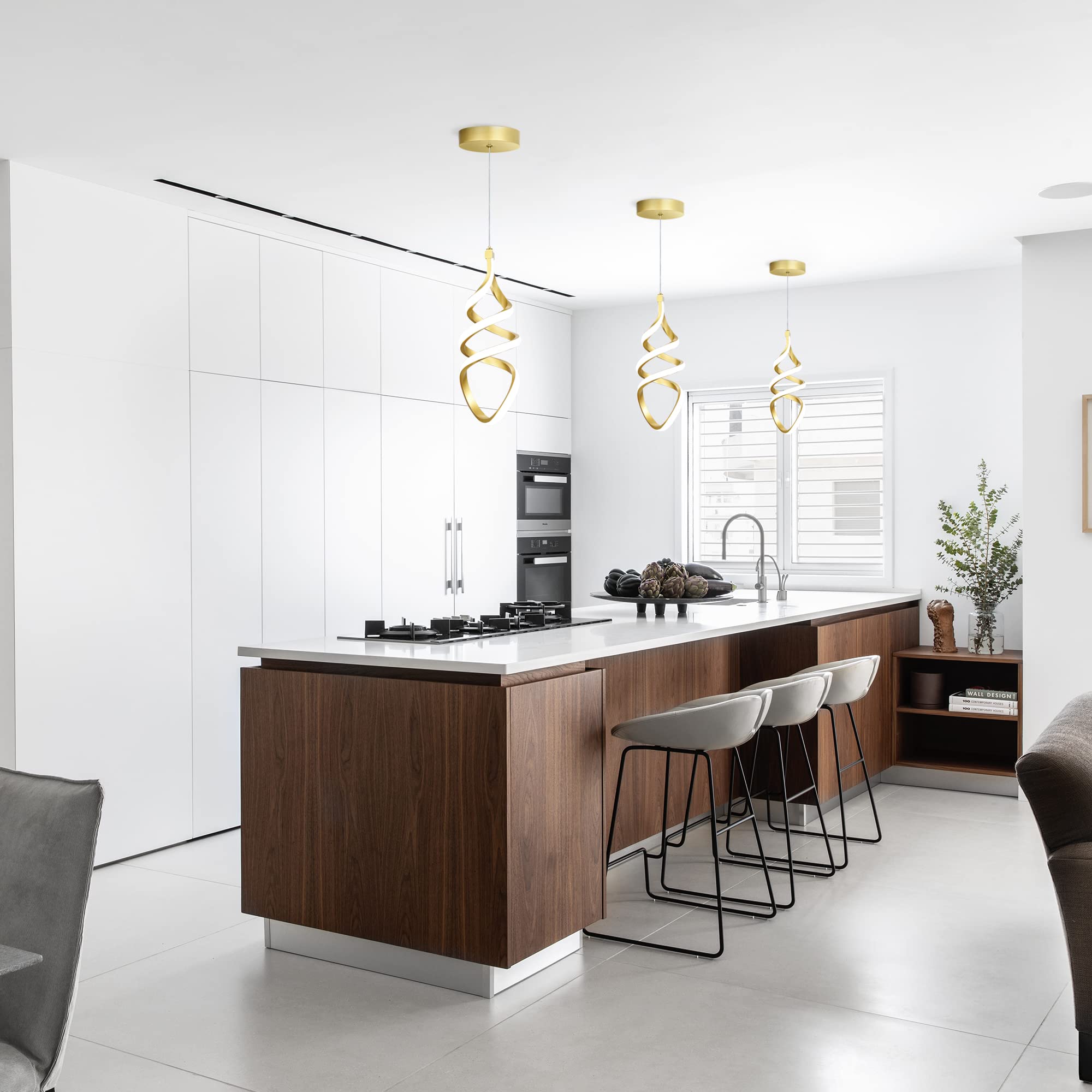 Pendant Lights,3 Pack Brushed Gold Pendant Lighting for Kitchen Island,LED Pendant Lights 3 Color Temperature,Modern Pendant Light Fixtures,Gold Brass Pendant Lighting,Dimmable Spiral Ceiling Light