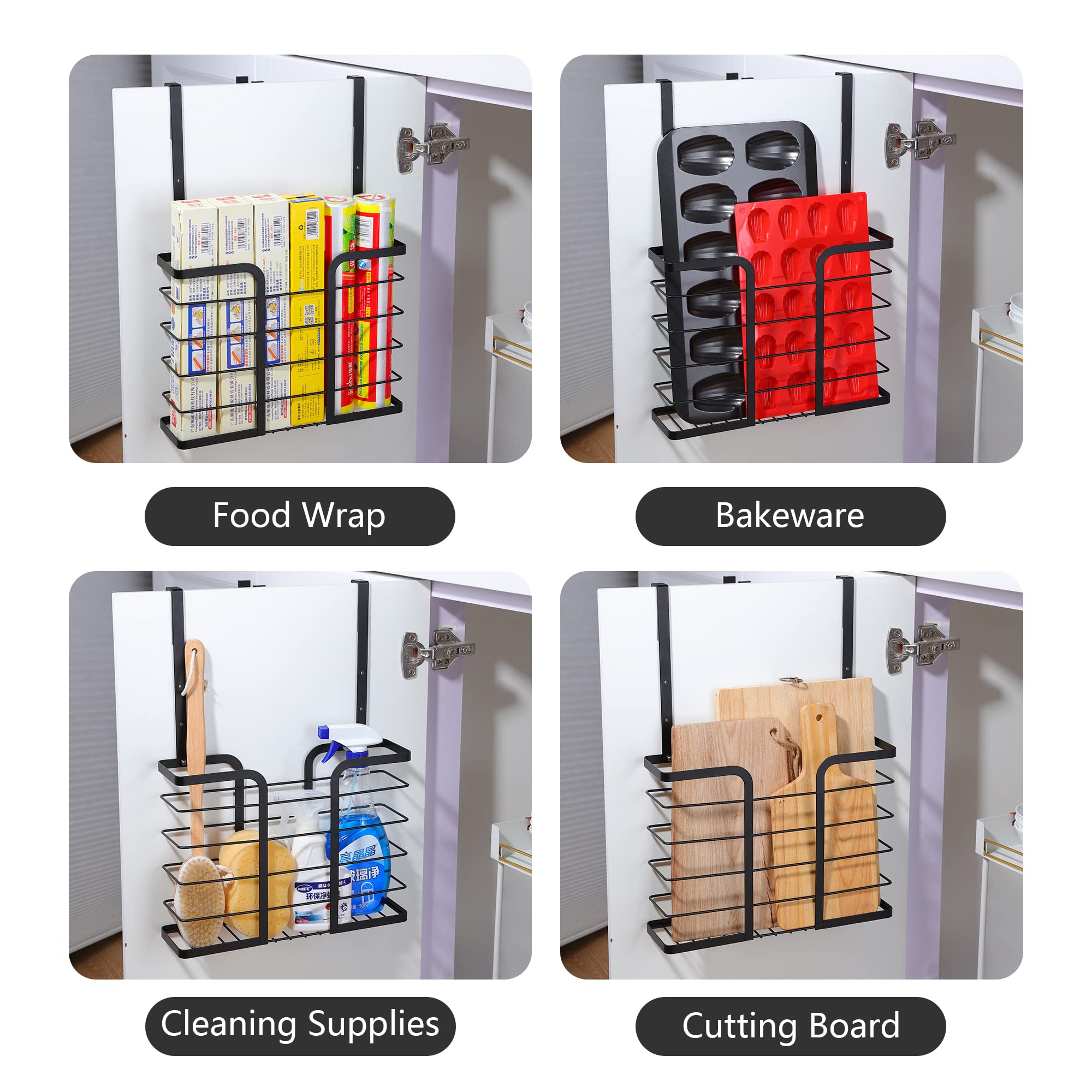 KEGII 2 Pack Cabinet Door Organizer, Kitchen Cutting Board Organizer with Towel Bar, Over Cabinet Door Organizer for Foil, Plastic Wrap, Baking Sheet Storage, Black