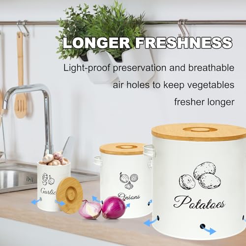 Holismo Potato Storage For Pantry, 3 Containers Kitchen Counter Organizer Countertop Onion and Potato Storage bin with Garlic Holder, Kitchen Canisters Vegetable Keeper with bamboo lid