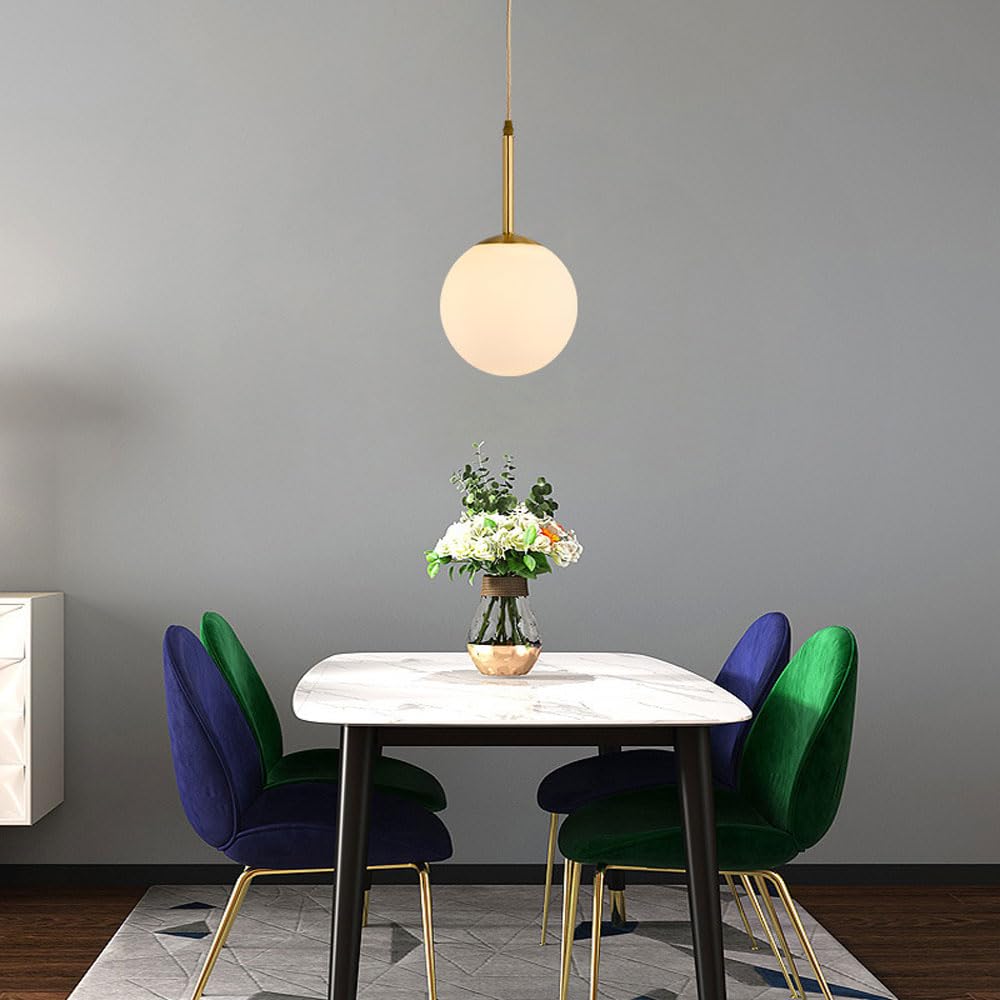 THINKBEEST White Globe Pendant Light Fixture with Glass Lampshade, Gold Decor Hanging Lamp, Minimalist Style Hanging Light E26/E27 Base, 59in Wire Adjustable Chandelier for Living Room, Foyer