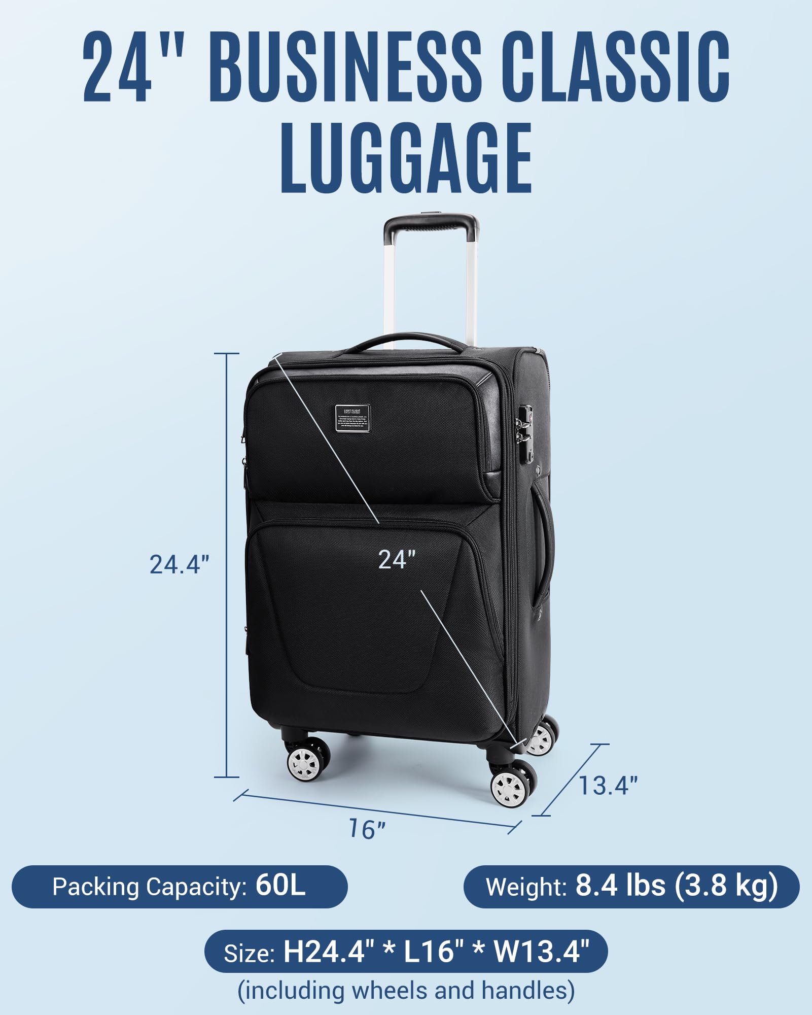 LIGHT FLIGHT 24 Inch Suitcase with Separate Compartment, Water-resistant Large Suitcase with Spinner Wheels, TSA Lock, Business Classic Travel Suitcase, Black
