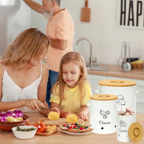 Holismo Potato Storage For Pantry, 3 Containers Kitchen Counter Organizer Countertop Onion and Potato Storage bin with Garlic Holder, Kitchen Canisters Vegetable Keeper with bamboo lid