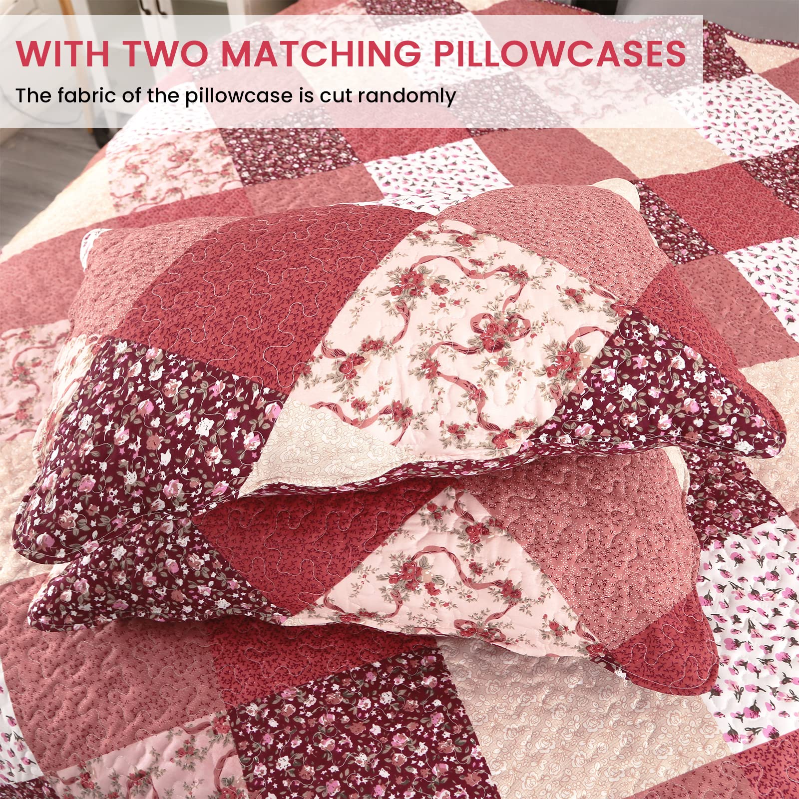 Qucover Twin Quilt Set, 3 Piece Multicolour Floral Patchwork Print Bedspread Twin Size, Soft Microfiber Lightweight Twin Quilt Bedding Set with 2 Pillow Sham, Twin XL Quilts, 68"x86"
