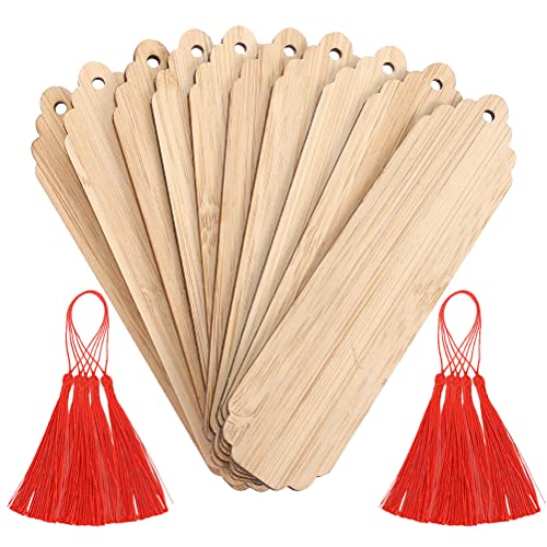 LUOZZY 10Sets Wood Blank Bookmarks Unfinished Wood Hanging Tags with Red Tassel DIY Crafts Wooden Book Marker Tags for New Year Christmas Wedding Birthday Party Decor