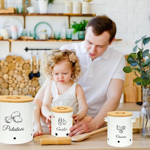 Holismo Potato Storage For Pantry, 3 Containers Kitchen Counter Organizer Countertop Onion and Potato Storage bin with Garlic Holder, Kitchen Canisters Vegetable Keeper with bamboo lid