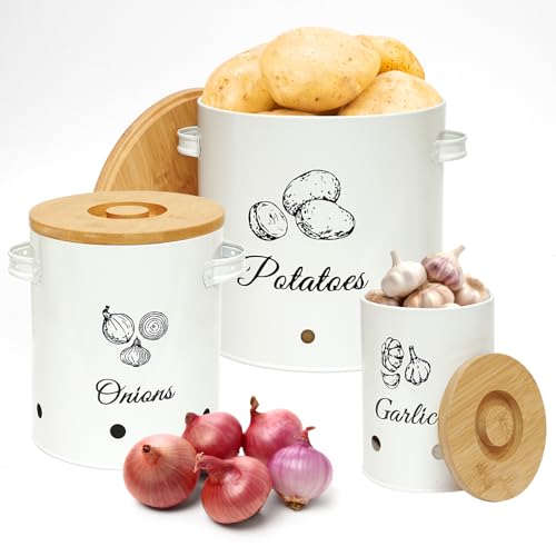 Holismo Potato Storage For Pantry, 3 Containers Kitchen Counter Organizer Countertop Onion and Potato Storage bin with Garlic Holder, Kitchen Canisters Vegetable Keeper with bamboo lid