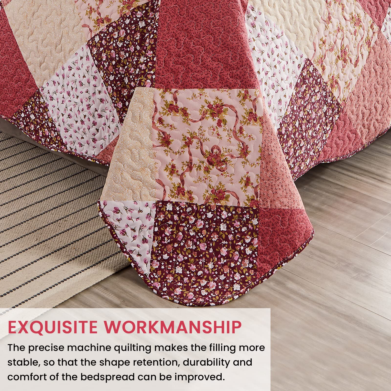 Qucover Twin Quilt Set, 3 Piece Multicolour Floral Patchwork Print Bedspread Twin Size, Soft Microfiber Lightweight Twin Quilt Bedding Set with 2 Pillow Sham, Twin XL Quilts, 68"x86"