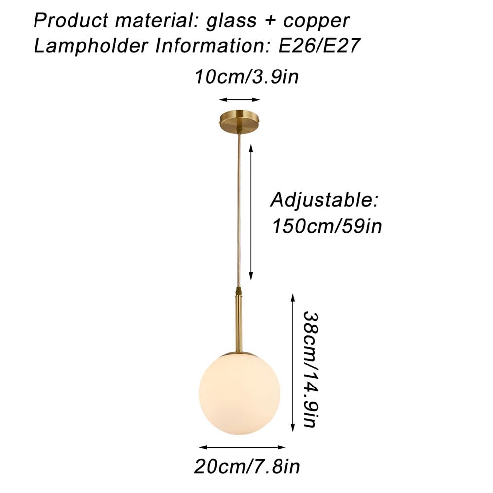 THINKBEEST White Globe Pendant Light Fixture with Glass Lampshade, Gold Decor Hanging Lamp, Minimalist Style Hanging Light E26/E27 Base, 59in Wire Adjustable Chandelier for Living Room, Foyer