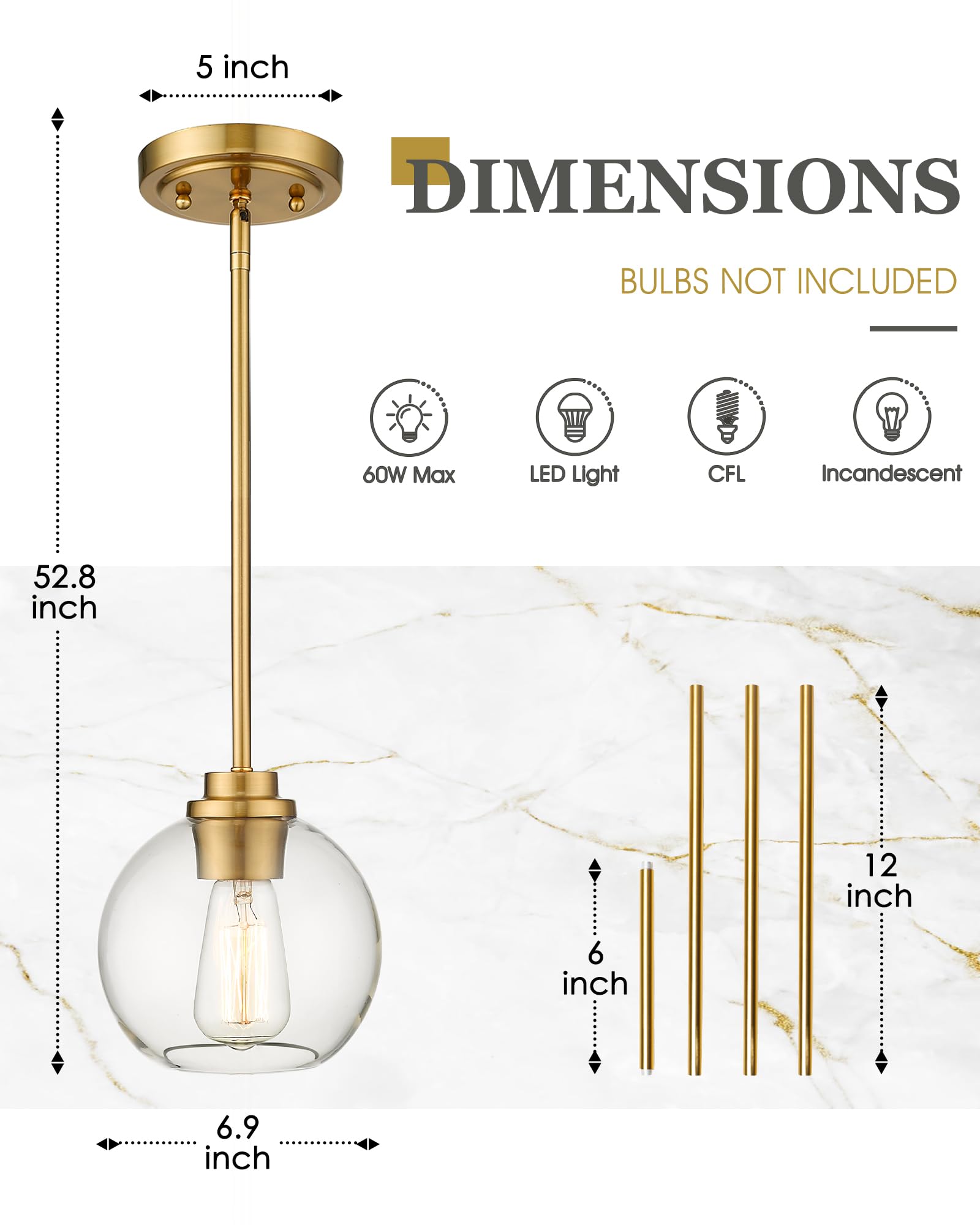 Audickic Pendant Lights Kitchen Island, Modern Gold Pendant Light with Clear Glass Globe Shade, Farmhouse Hanging Light Fixtures for Dining Room Entryway, AD-22280-1P-GD-C