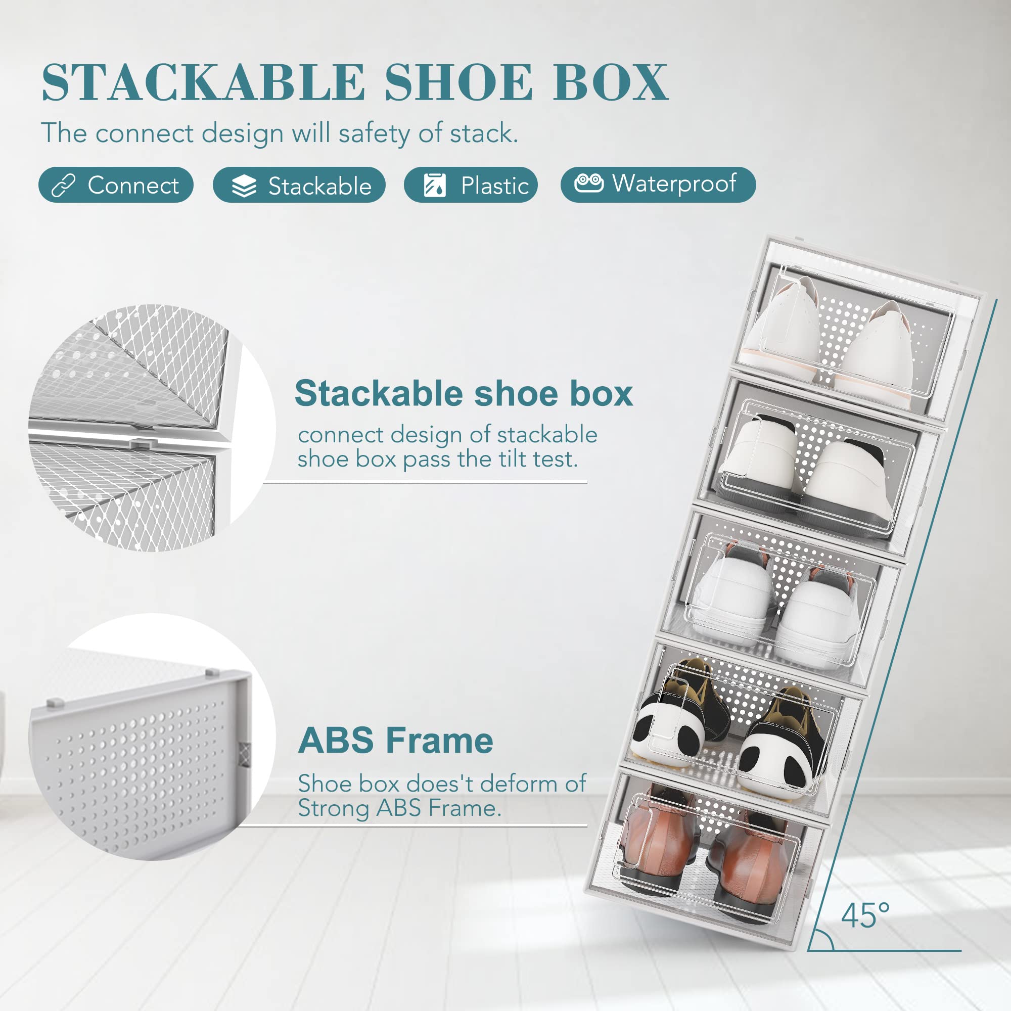 WAYTRIM Clear Shoe Storage Box, Stackable Shoe Organizer Plastic Shoe Container with Lids Foldable Sneaker Storage Boxes Saving Space Shoe Organizer for Closet Fit to Women Size 10, White