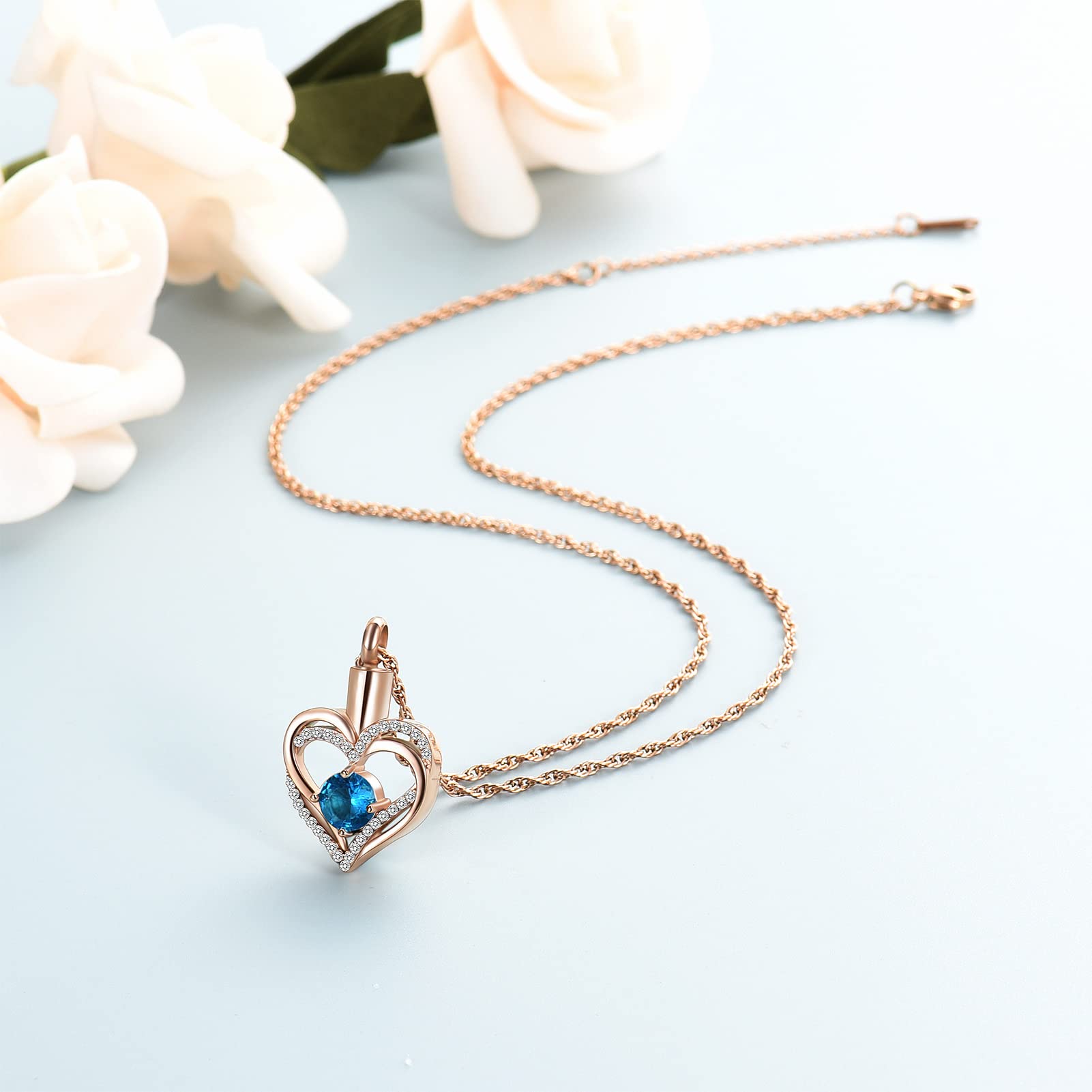 shajwo Cremation Jewelry Heart Urn Necklace for Ashes for Women Gilrs Memorial Keepsake Birthstone Pendant,Rose Gold-Light Blue