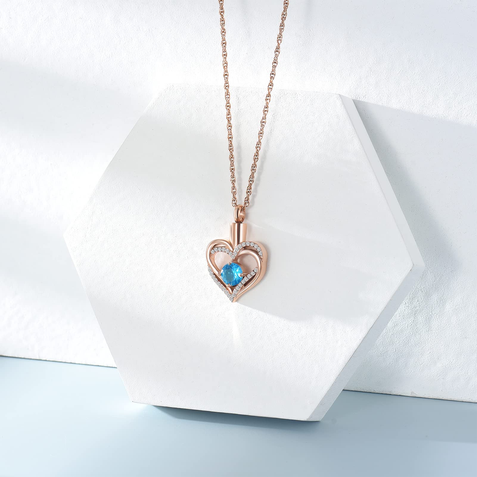shajwo Cremation Jewelry Heart Urn Necklace for Ashes for Women Gilrs Memorial Keepsake Birthstone Pendant,Rose Gold-Light Blue