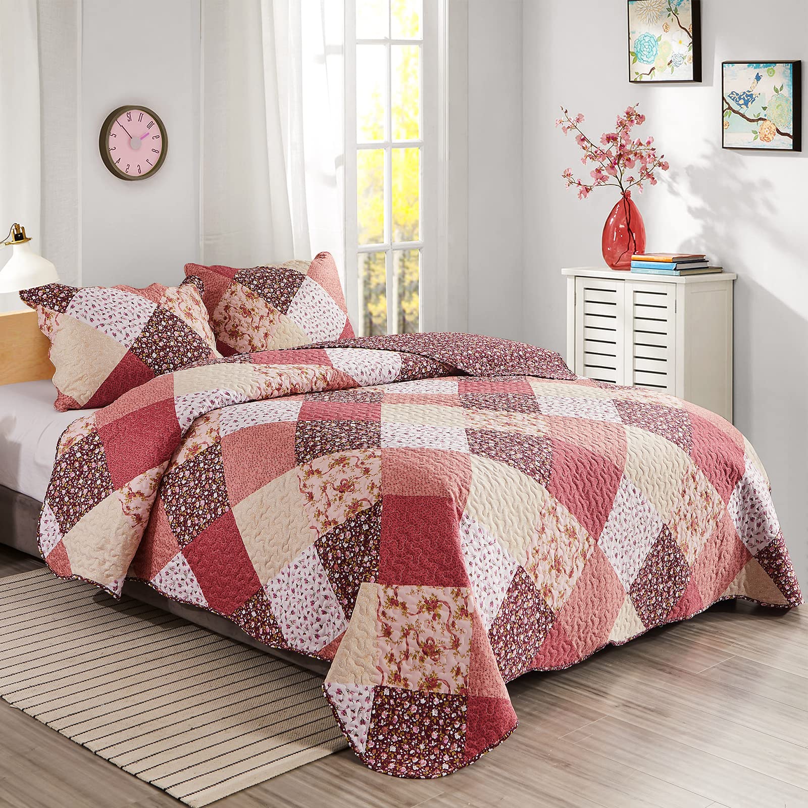 Qucover Twin Quilt Set, 3 Piece Multicolour Floral Patchwork Print Bedspread Twin Size, Soft Microfiber Lightweight Twin Quilt Bedding Set with 2 Pillow Sham, Twin XL Quilts, 68"x86"