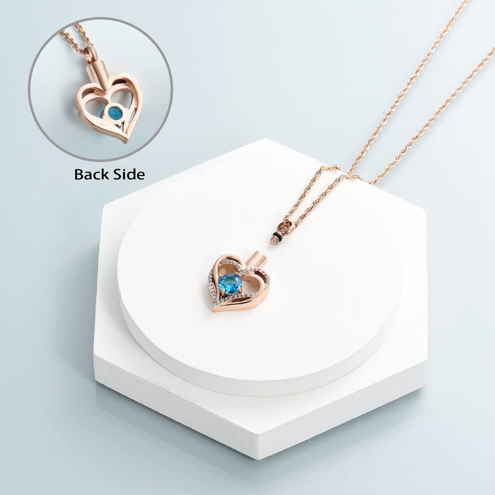 shajwo Cremation Jewelry Heart Urn Necklace for Ashes for Women Gilrs Memorial Keepsake Birthstone Pendant,Rose Gold-Light Blue